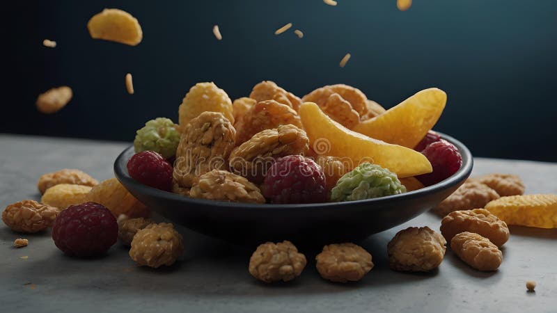 A Colorful Mix of Snacks in a Black Bowl on a Grey Surface Stock ...