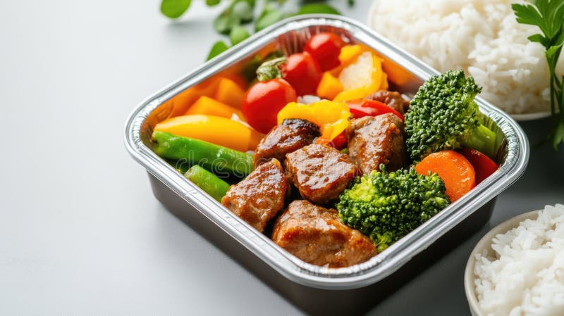 Colorful Mixed Vegetable and Beef Meal in Metal Container with Rice ...