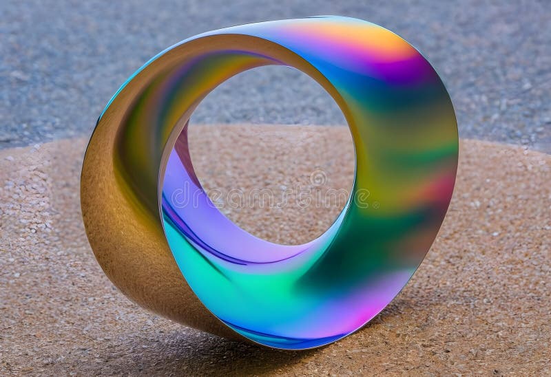 Colorful Mobius Strip with Chrome Effect Displayed on a Sandy Surface ...