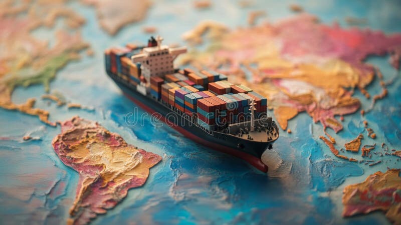 Colorful Model Cargo Ship on a Detailed World Map Stock Illustration ...