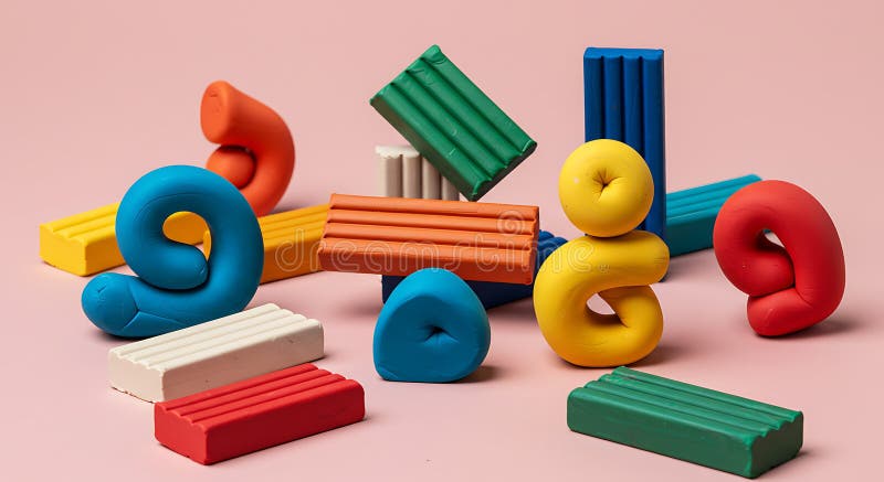 Colorful Modeling Clay Shapes are Scattered on a Pink Surface. the Clay ...