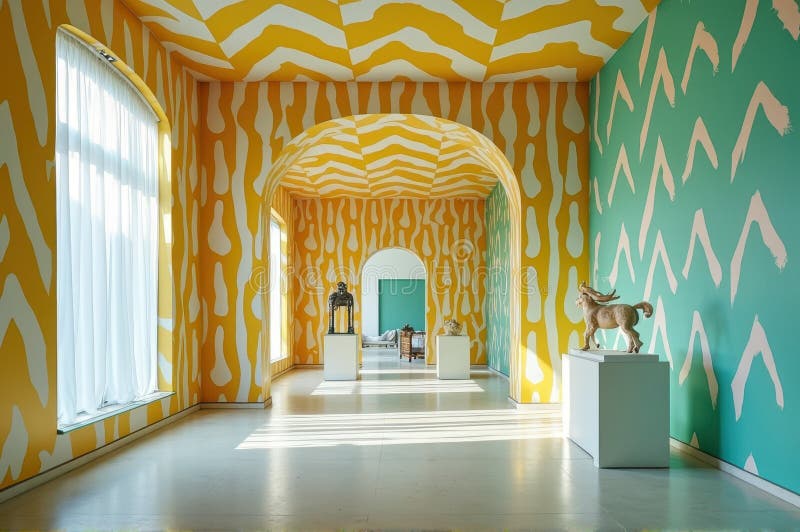 Colorful Modern Art Gallery with Vibrant Patterns and Sculptures Stock ...
