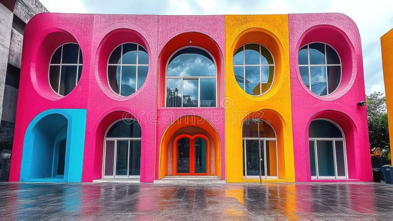 Colorful Modern Building with Round Windows and Arches Stock Image ...