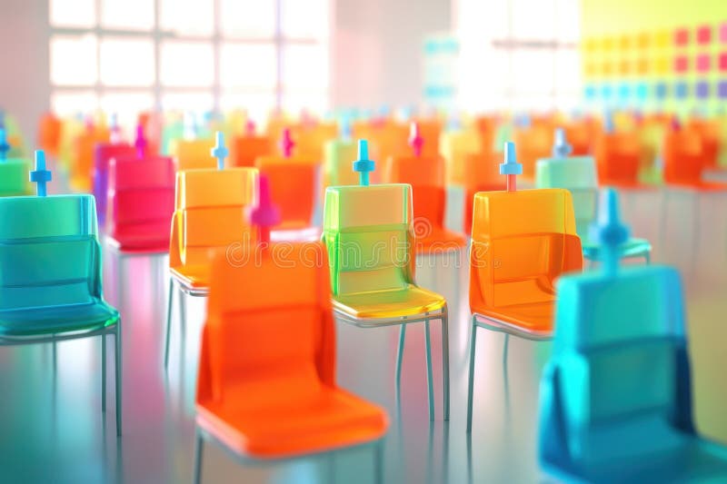 Colorful Modern Chairs Arranged in a Bright, Cheerful Classroom Setting ...