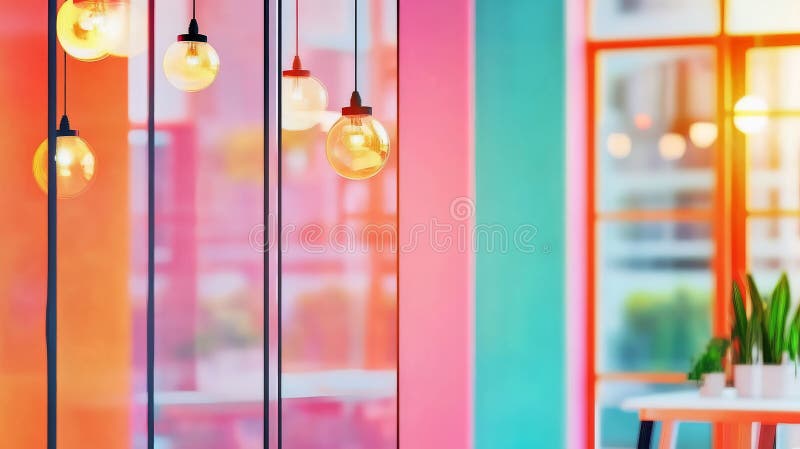 Colorful Modern Interior with Hanging Light Bulbs and Vibrant Walls ...