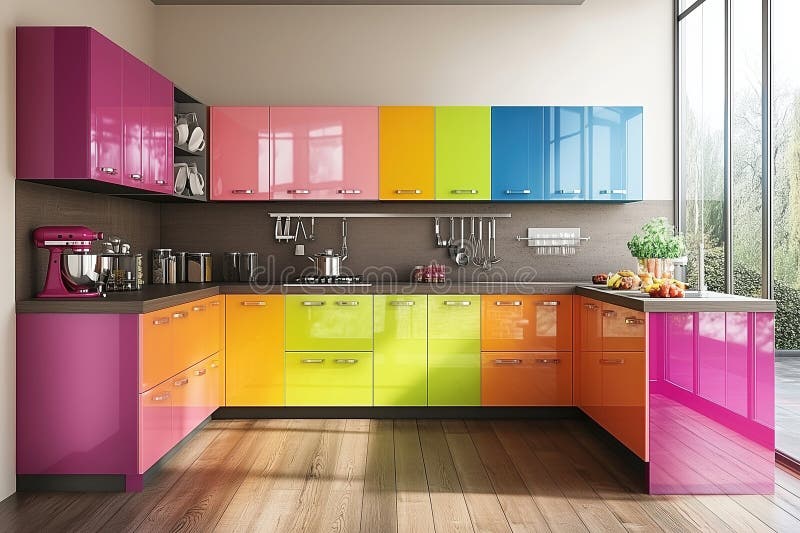 Colorful Modern Kitchen Design Featuring Vibrant Cabinets and a Bright ...