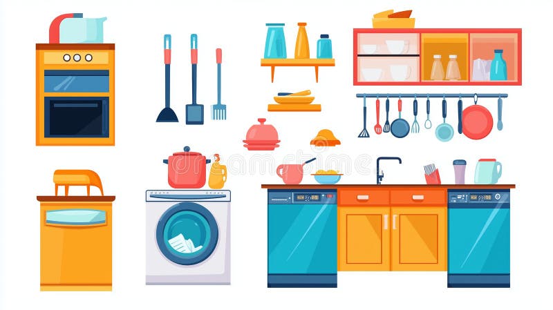 A Colorful Modern Kitchen Layout Featuring Essential Appliances ...