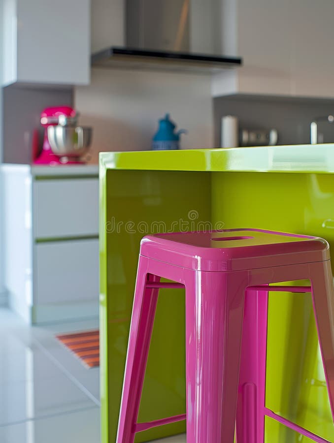 Colorful Modern Kitchen with Pink Stool and Green Counter Stock Image ...