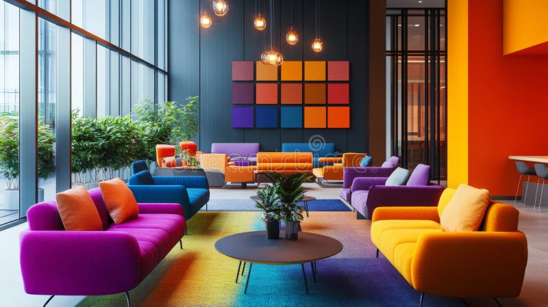 Colorful Modern Lobby with Geometric Wall Art and Large Windows Stock ...