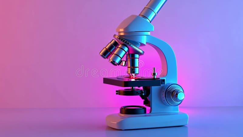 Colorful Modern Microscope in Pink and Blue Lighting on Laboratory ...