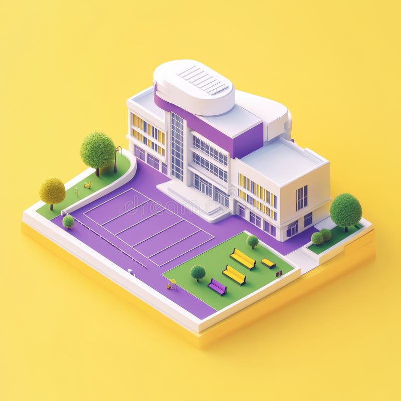 A Colorful, Modern School Building with Playground and Parking Area ...