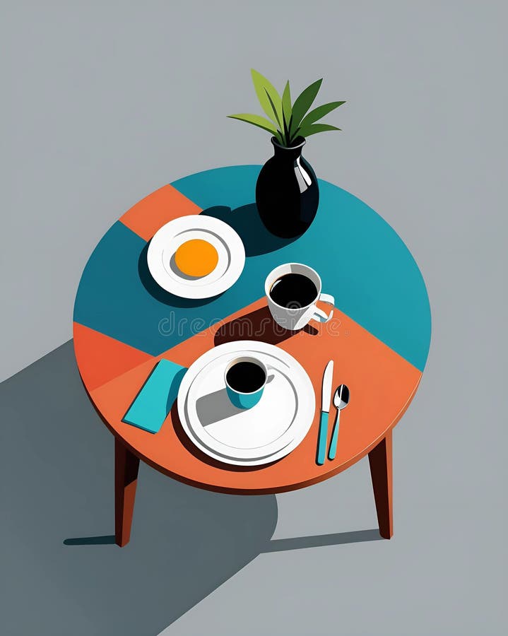 Colorful Modern Table Setting with Plant, Coffee, and Breakfast Plate on Artistic Round Table ...