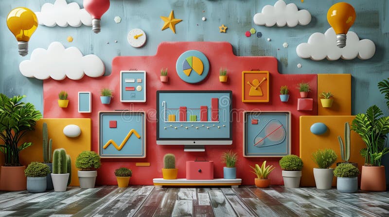 Colorful Modern Workspace with Charts and Graphs on Computer Screen ...