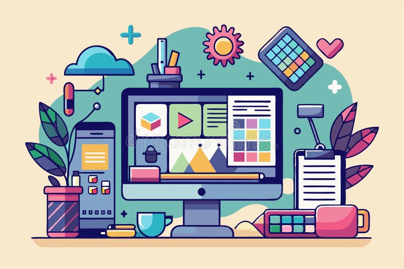 A Colorful and Modern Workspace Features Devices and Tools for ...