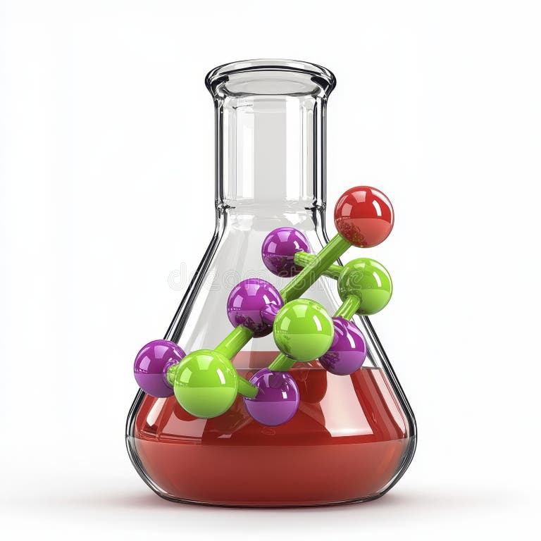 Colorful Molecular Model in a Red Liquid Filled Erlenmeyer Flask Stock ...