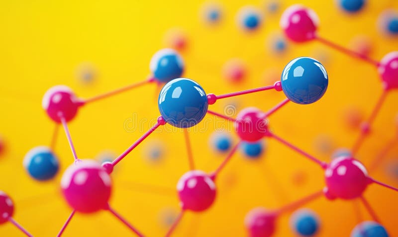 Colorful Molecular Structure with Blue and Pink Atoms on Vibrant Yellow ...