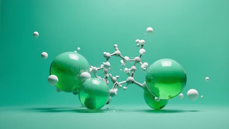 Colorful Molecular Structure with Green Spheres and Bubbles on a ...