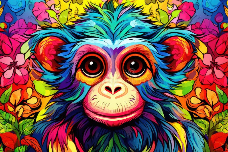 A Colorful Monkey with Big Eyes Surrounded by Flowers and Leaves ...