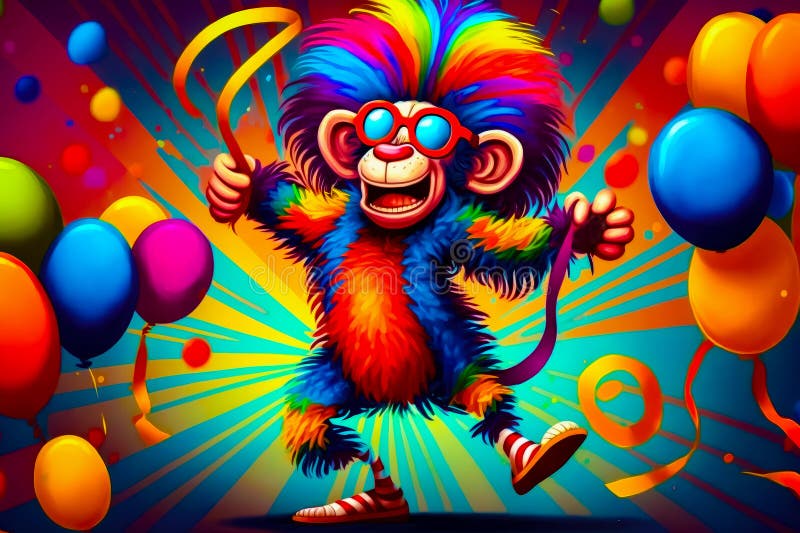 Colorful Monkey Dancing with Balloons and Streamers in the Background ...