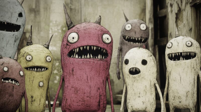 Colorful Monsters Posing in Front of Ruined Building Stock Illustration ...