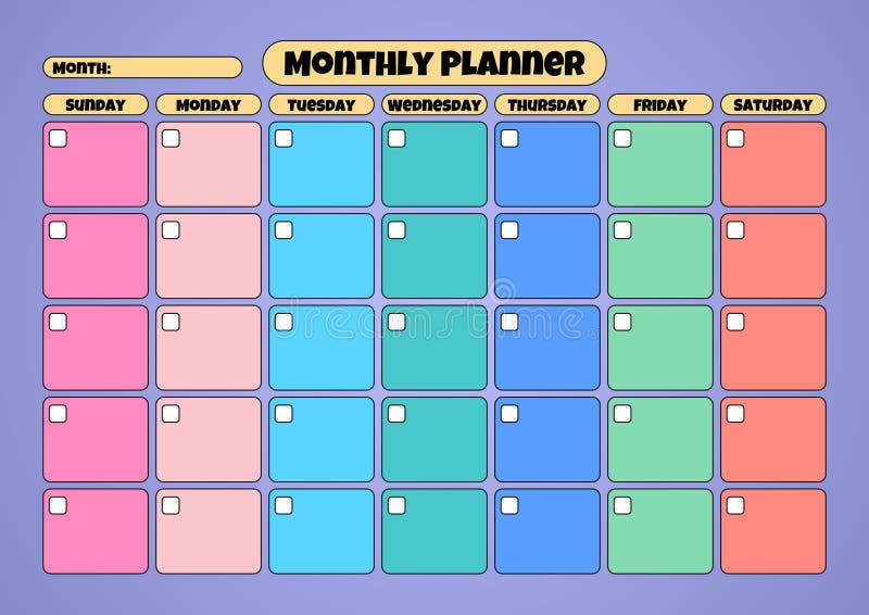 Colorful Monthly Calendar Template with Blank Date Checkboxes Stock ...