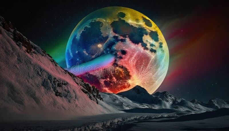 A Colorful Moon with Mountains in the Background and a Sky Filled with ...