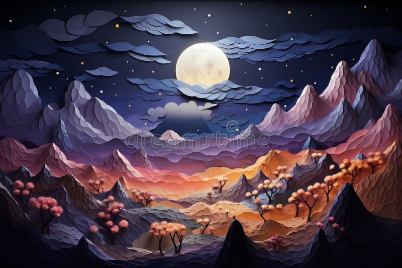 Colorful Moon Night in a Paper Landscape. AI Stock Illustration ...