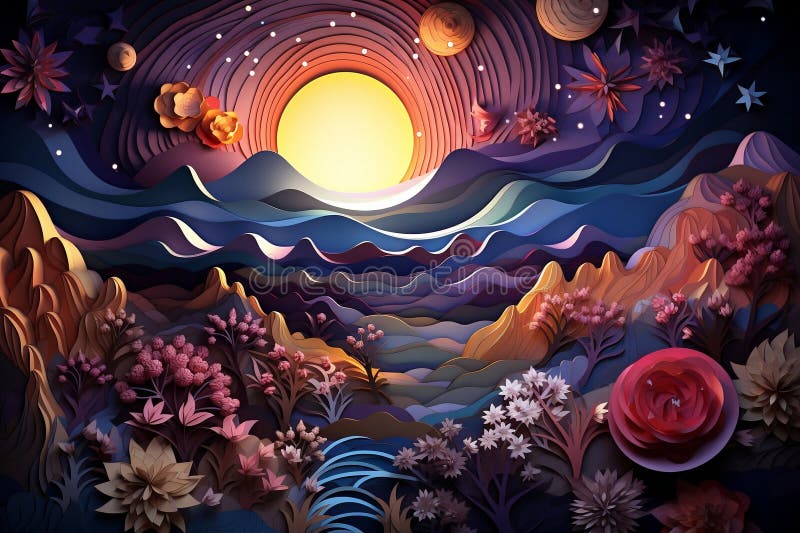 Colorful Moon Night in a Paper Landscape. AI Stock Illustration ...