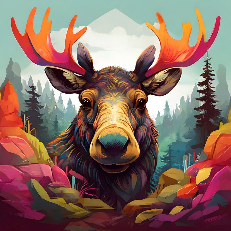 Colorful Moose Head with Colorful Forest Theme Stock Image - Image of ...