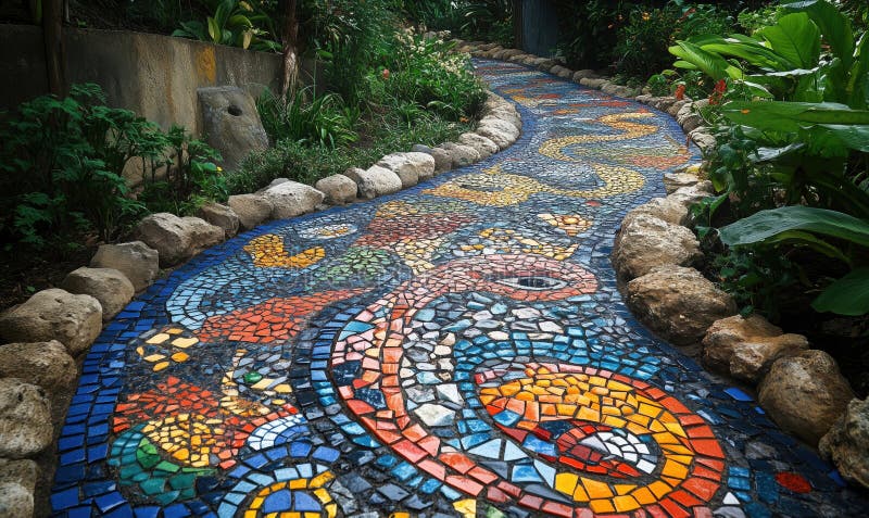 Colorful Mosaic Pathway with Vibrant Designs in Lush Garden Setting ...