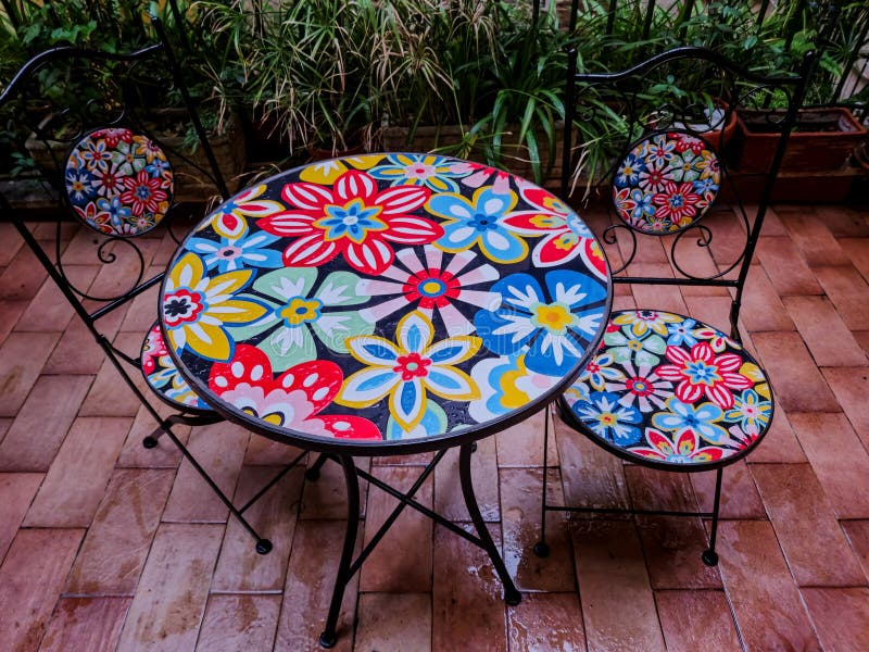 Colorful Mosaic Round Table with Two Chairs in Rome, Italy. Stock Photo ...