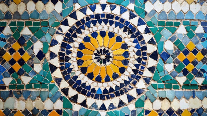 A Colorful Mosaic Tile Pattern with a Central Sunburst Design Stock ...