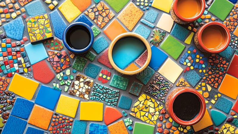 A Colorful Mosaic Tile Workshop with Tiles, Glue, and Stencils Stock ...