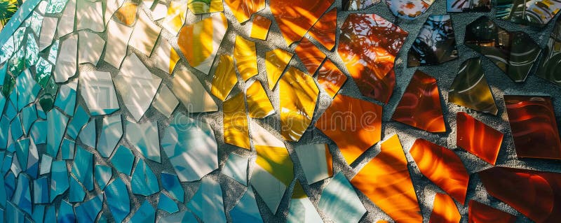 Colorful Mosaic Wall with Scattered Sunlight Reflections, Abstract Art ...