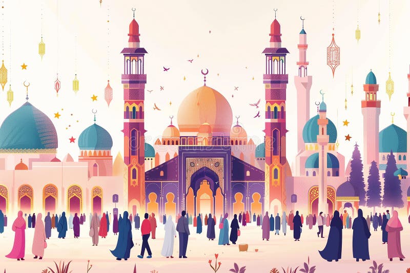 Colorful Mosque Illustration with People Gathering for Prayer Stock ...