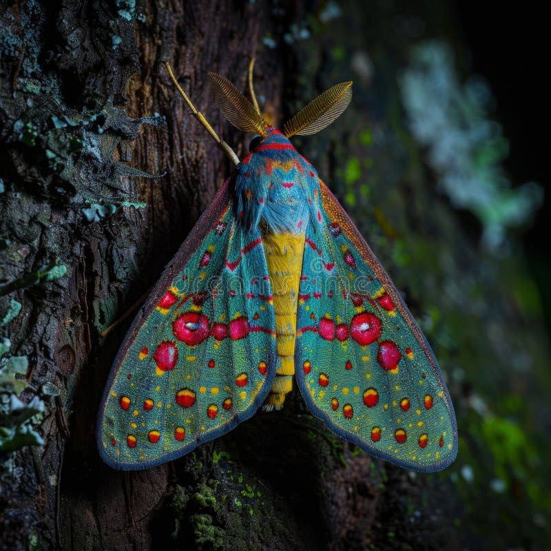 Colorful moth on tree bark stock illustration. Illustration of foliage ...