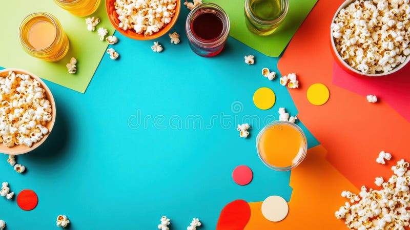 Colorful Movie Night Background with Popcorn and Drinks Stock ...