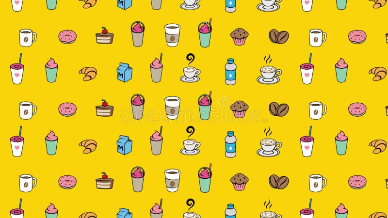 Moving Coffee and Breakfast Graphics on a Yellow Background Stock ...