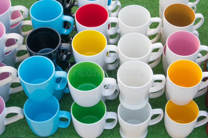 Colorful Mugs In A Row In A Coffee Shop Or Kitchen Stock Image - Image ...