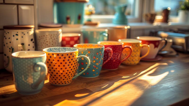 Colorful Mugs on a Kitchen Counter. Stock Photo - Image of kitchenware ...