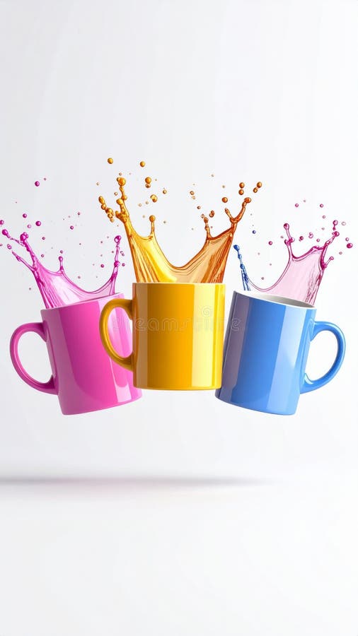 Colorful Mugs with Liquid Splashes on White Background Stock ...