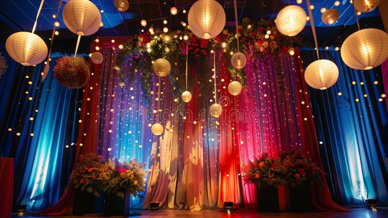 A Colorful, Multi-colored Backdrop with Lights Hanging from the Ceiling ...