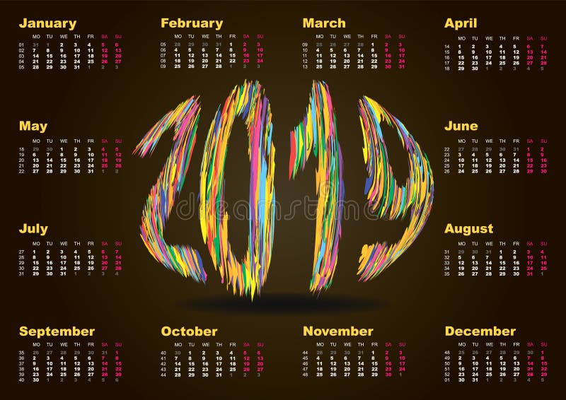Calendar English 2019 Set Grid Wall Iso 8601 Illustration Template With