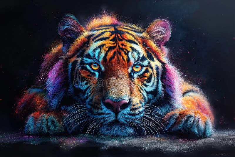 Colorful Multicolored Tiger on Black Background. Drawing for a Colored ...