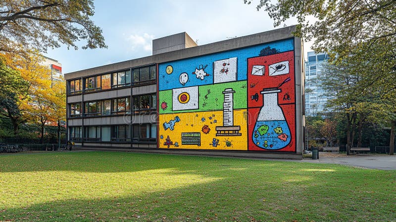 Colorful Mural Adorns a Building Facade, Featuring Whimsical Science ...
