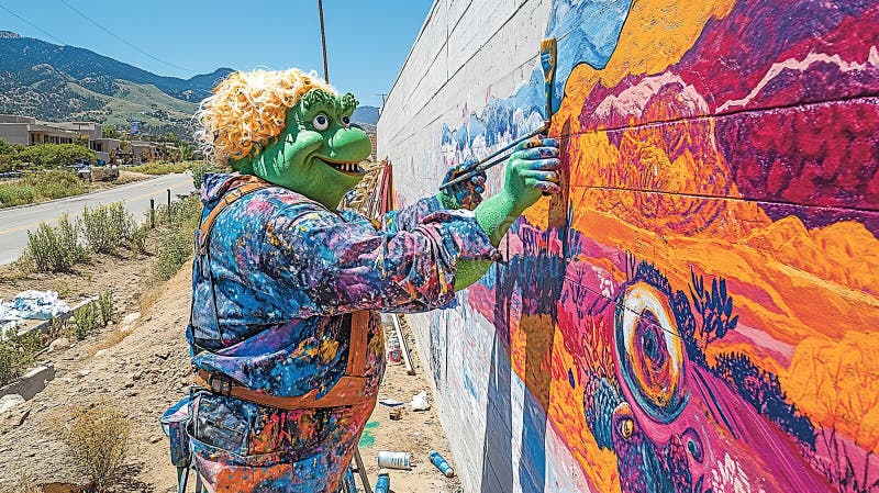 Colorful Mural Being Painted Outdoors by a Costumed Character Stock ...