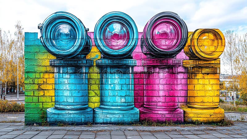 Colorful Mural of Four Cylindrical Objects Resembling Telescopes or ...