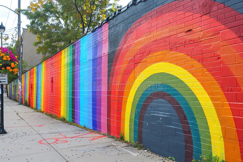 A Colorful Mural of a Rainbow Painted on a Brick Wall Stock Image ...