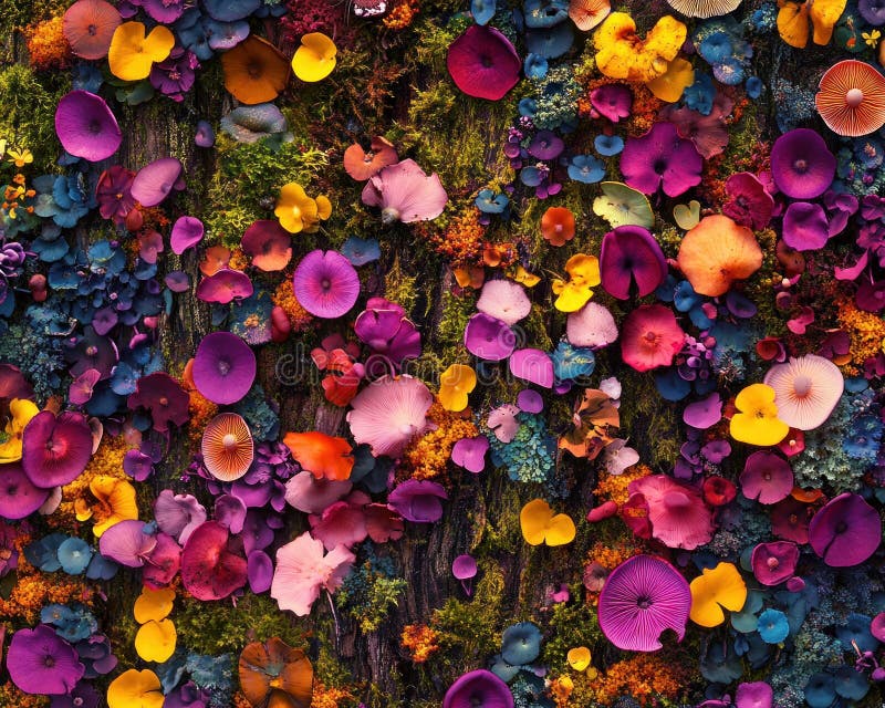 Colorful Mushrooms and Moss on Tree Stump Creating Vibrant Texture ...