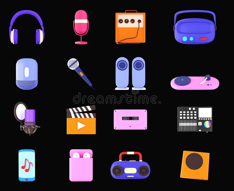 Colorful Music Device Collection in 3D Stock Illustration ...